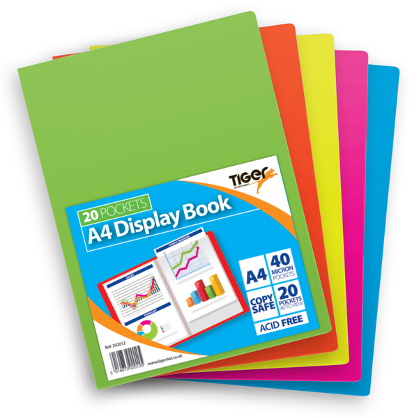 Tiger Flexicover Display Book A4 20 Pocket Assorted Vivid Colours