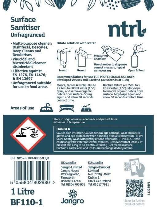Jangro ntrl Organic Surface Sanitiser Unfragranced 1L